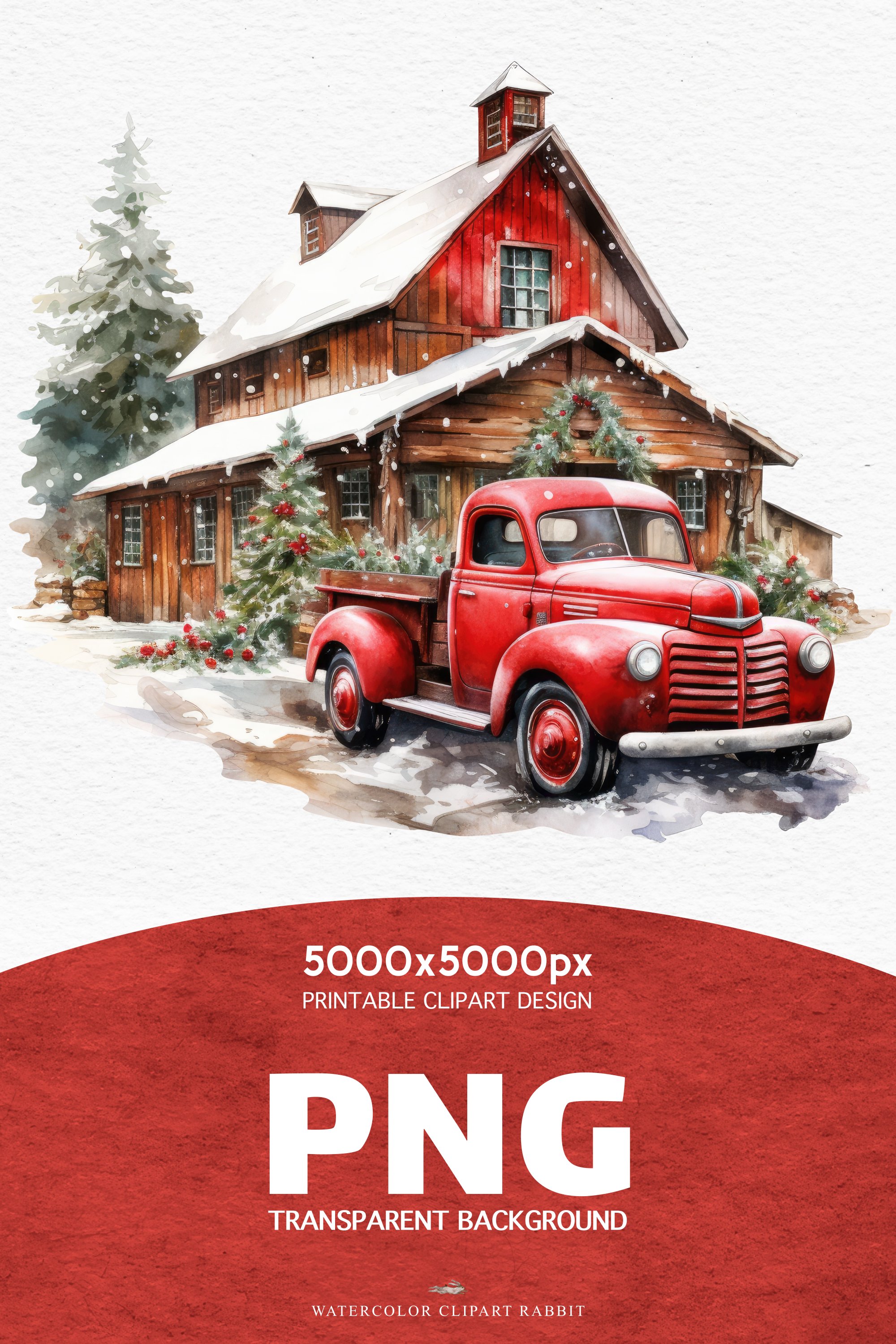 Red Christmas Truck Santa Winter Farm Barn Clipart PNG Files