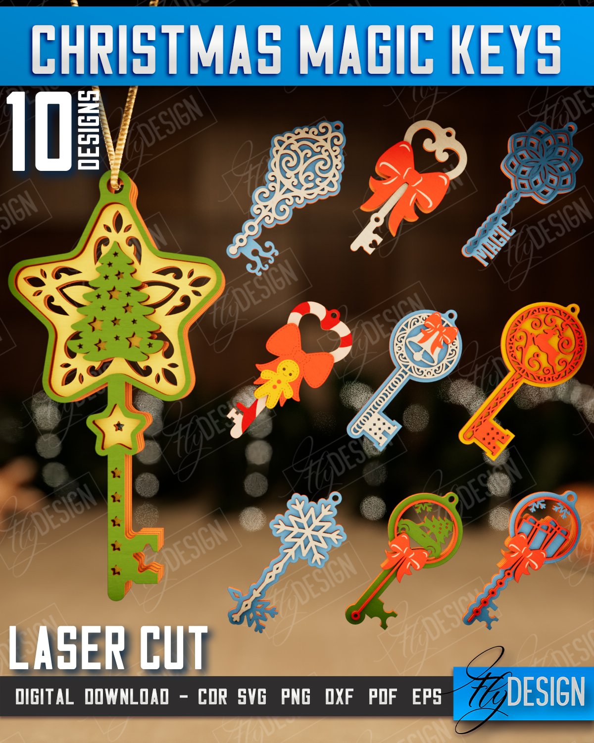 Santa Magic Keys SVG Laser Cut | Christmas Tree Toys Bundle