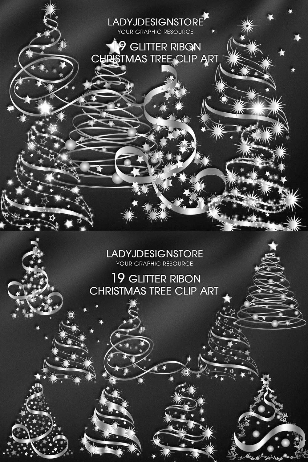 Silver Ribbon Sparkle Christmas Tree Clip Art in PNG format