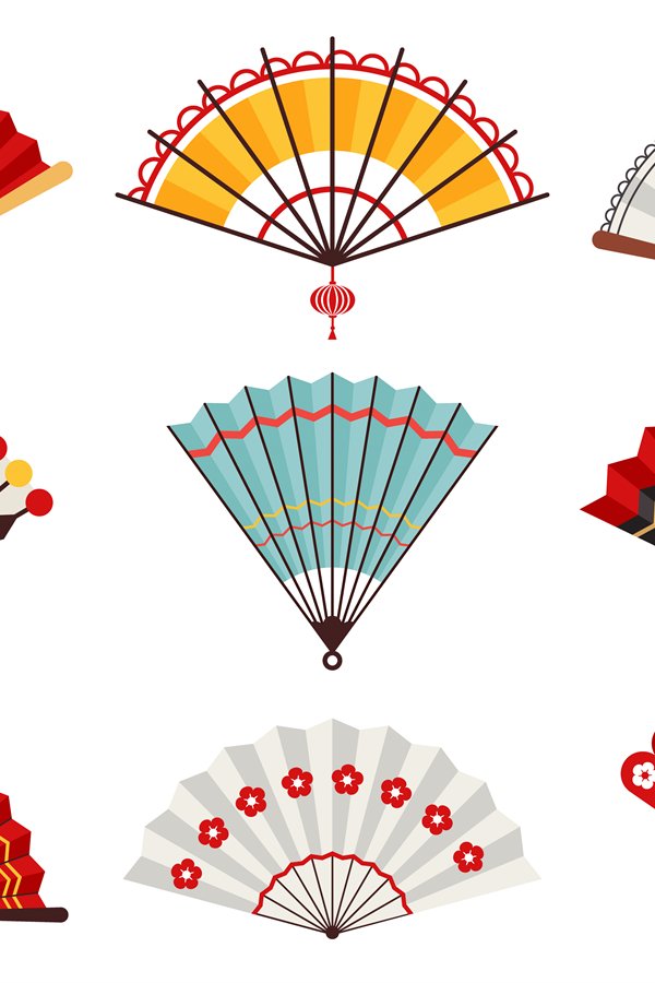 Hand paper fans. Asian traditional folding hand fan, japanes