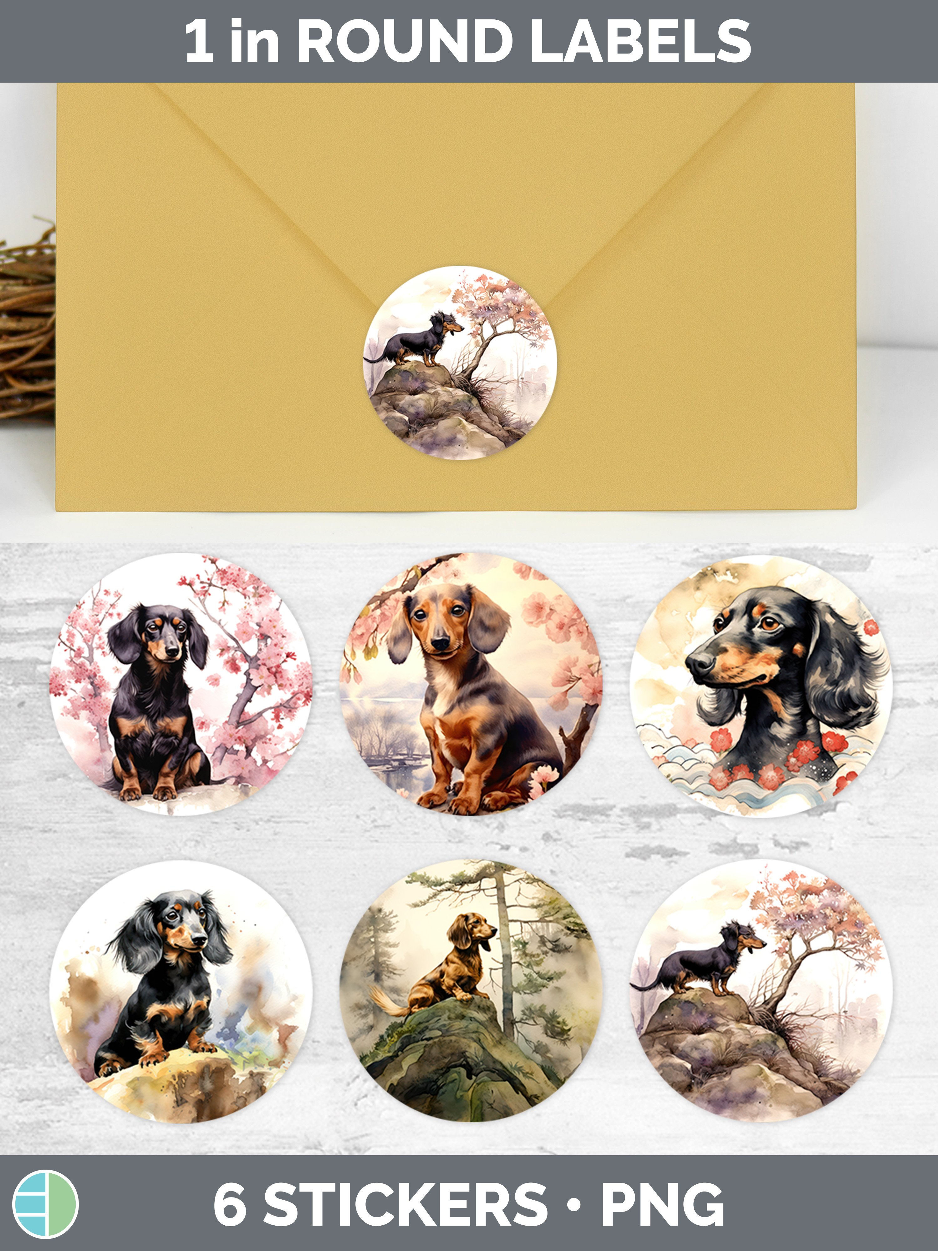 Japanese Watercolor Dachshund Dog Stickers | Round Labels De