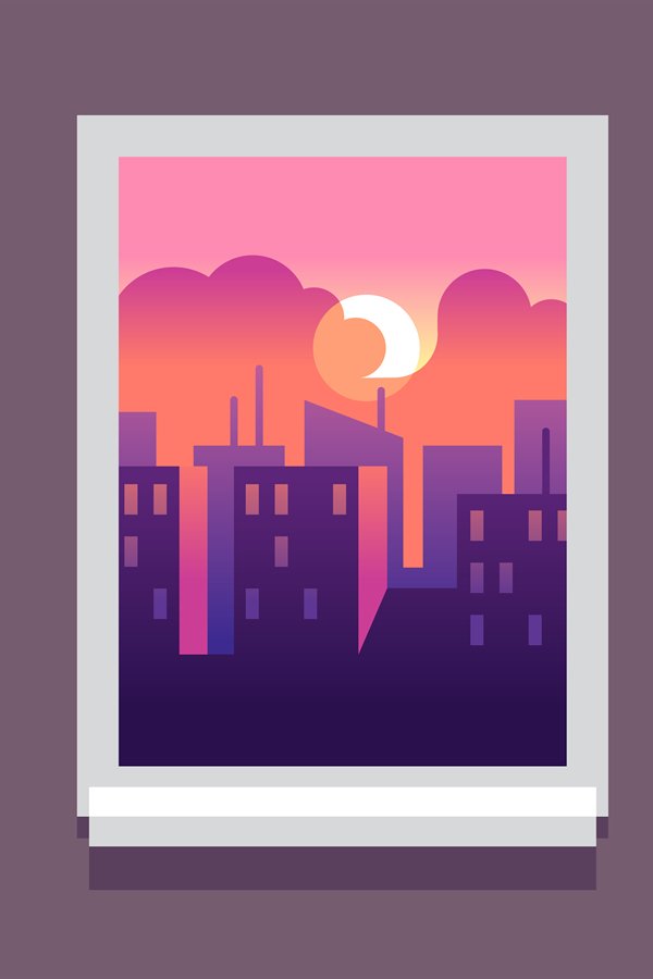 Sunset cityscape from apartment view. City in window frame