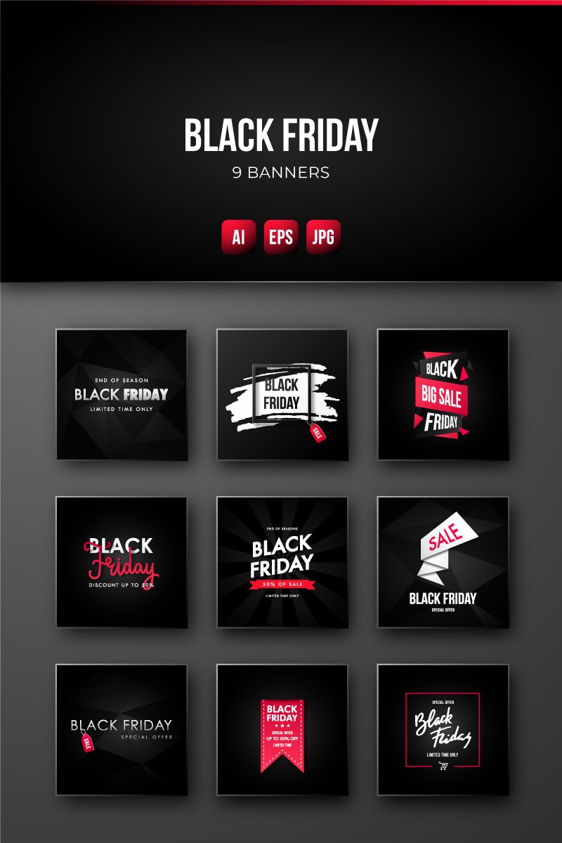 Black Friday Sale banners bundle. 9 square promo designs.