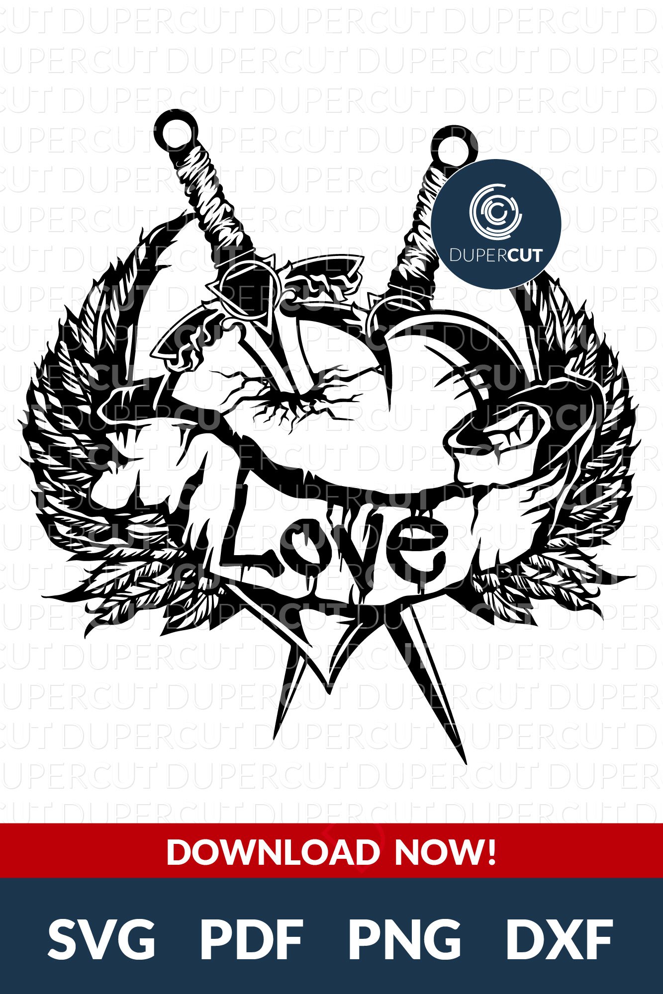 SVG / PNG / DXF Winged Heart & Daggers, Paper Cutting Files