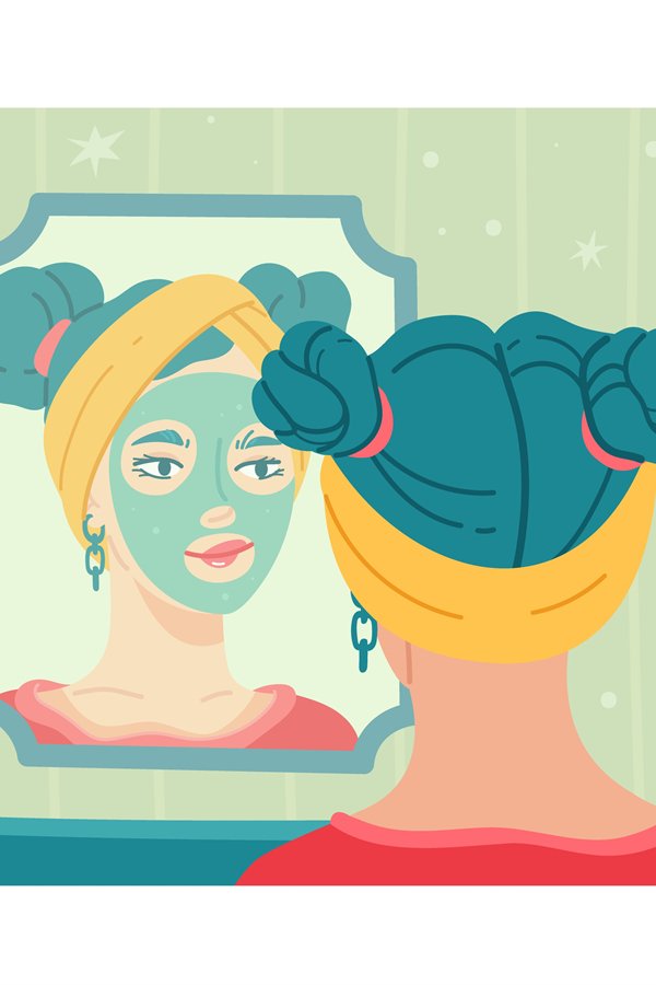 Beauty routine in mirror. Female face reflection, girls make
