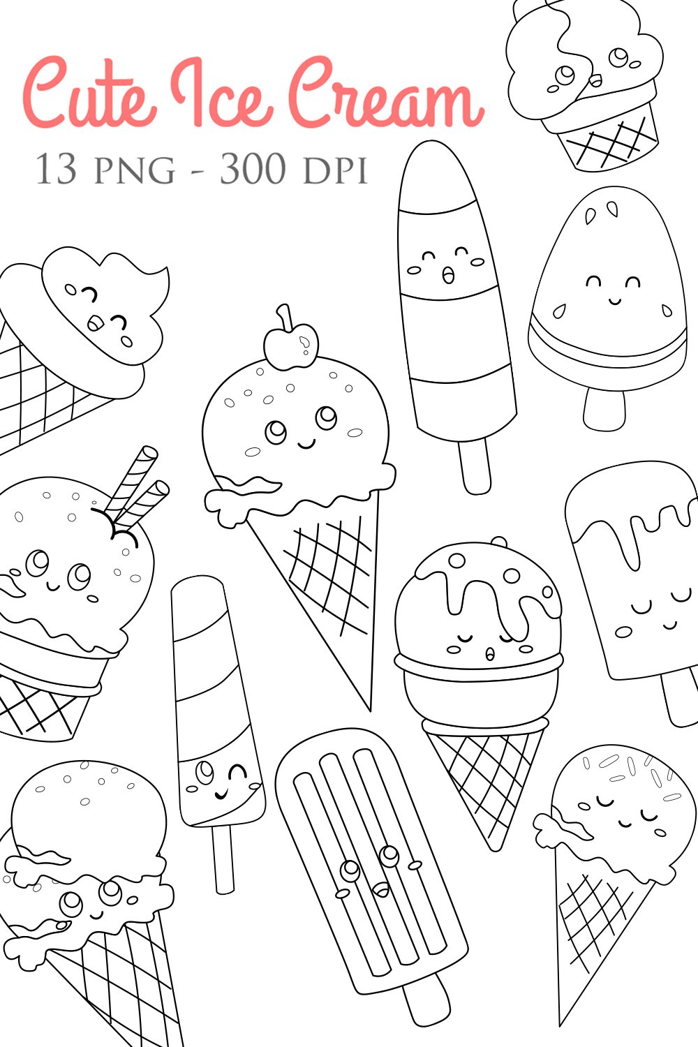 Ice Cream Flavor Cone Stick Dessert Digital Stamp Outline