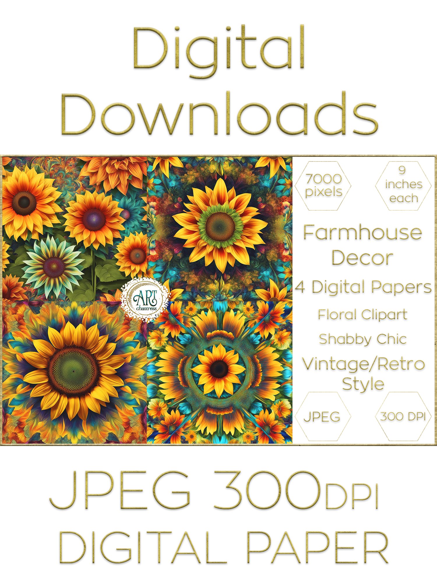 Watercolor Vintage Sunflower Digital Paper (3415086)