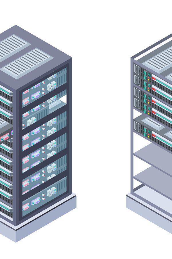 Isometric servers, data storages vector. 3D computer equipme