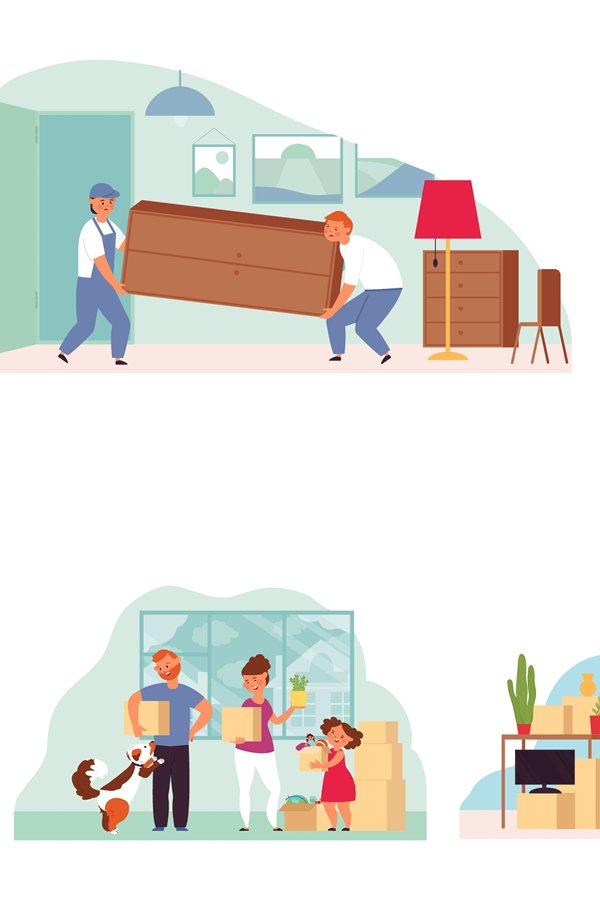 Family relocation. Moving in new house, contemporary interio