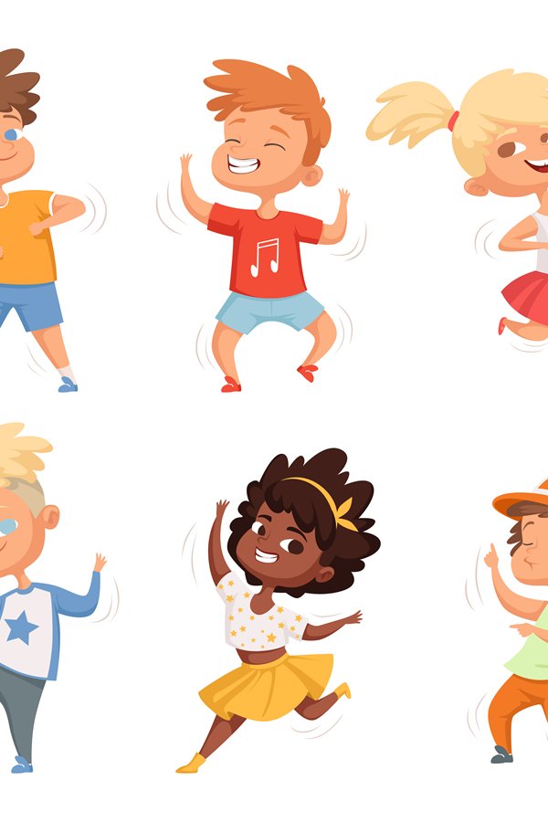 Dancing childrens male and female. Set vector characters