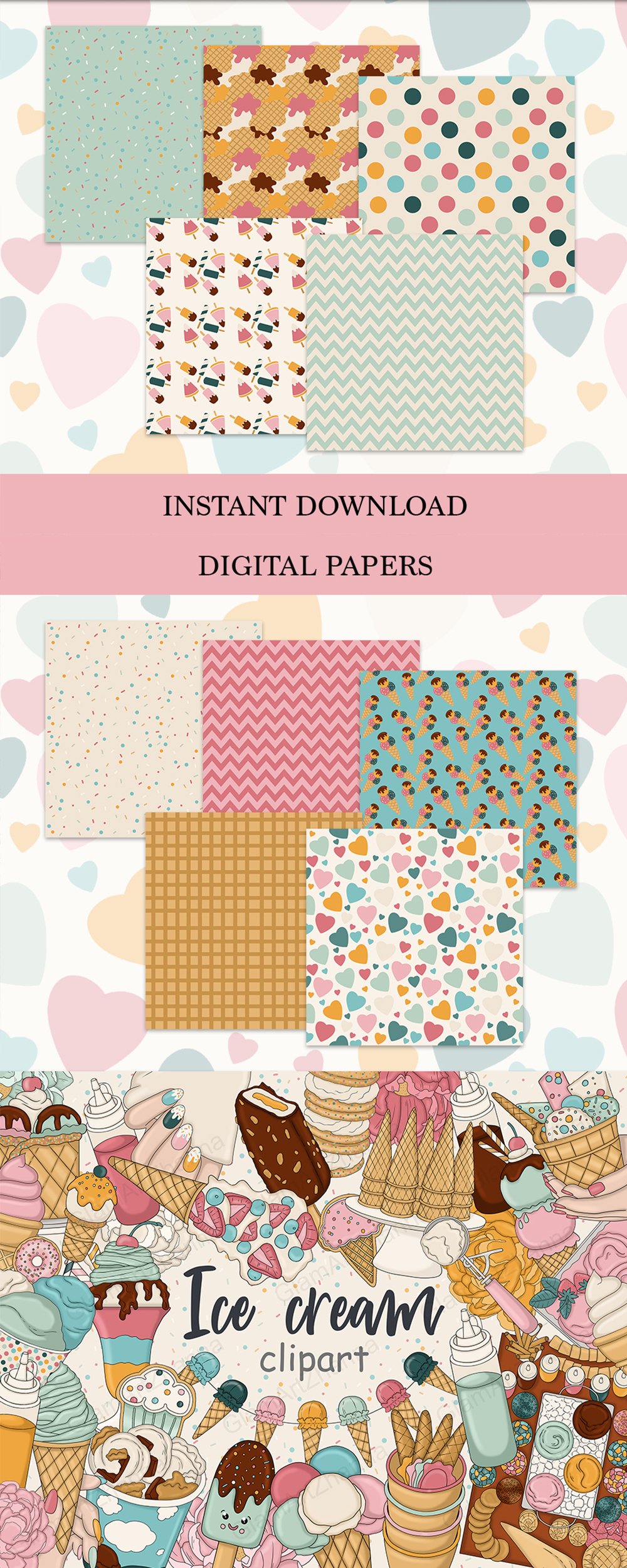 Ice Cream Cone Digital Paper | Retro Seamless Pattern Set