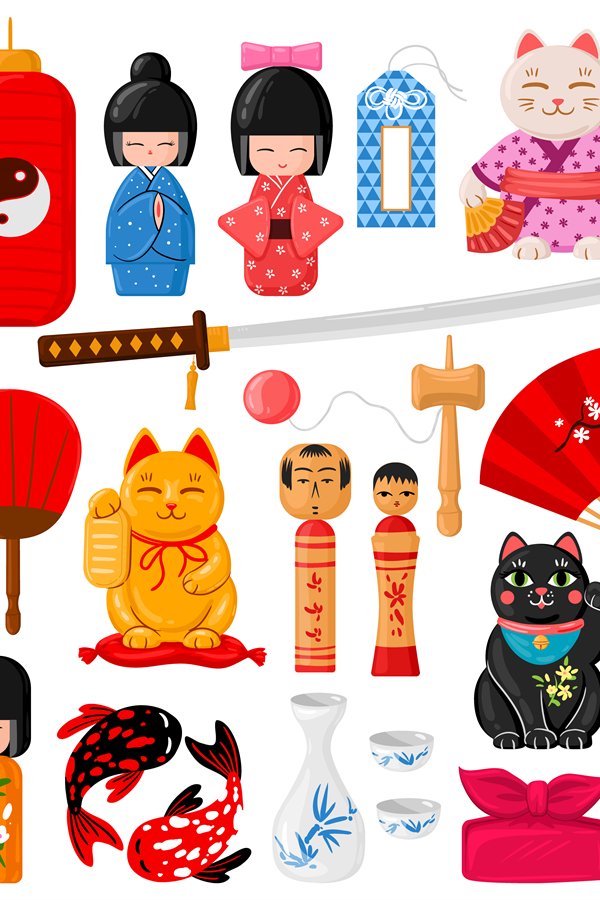 Cartoon japanese symbols. Oriental traditional toys, maneki