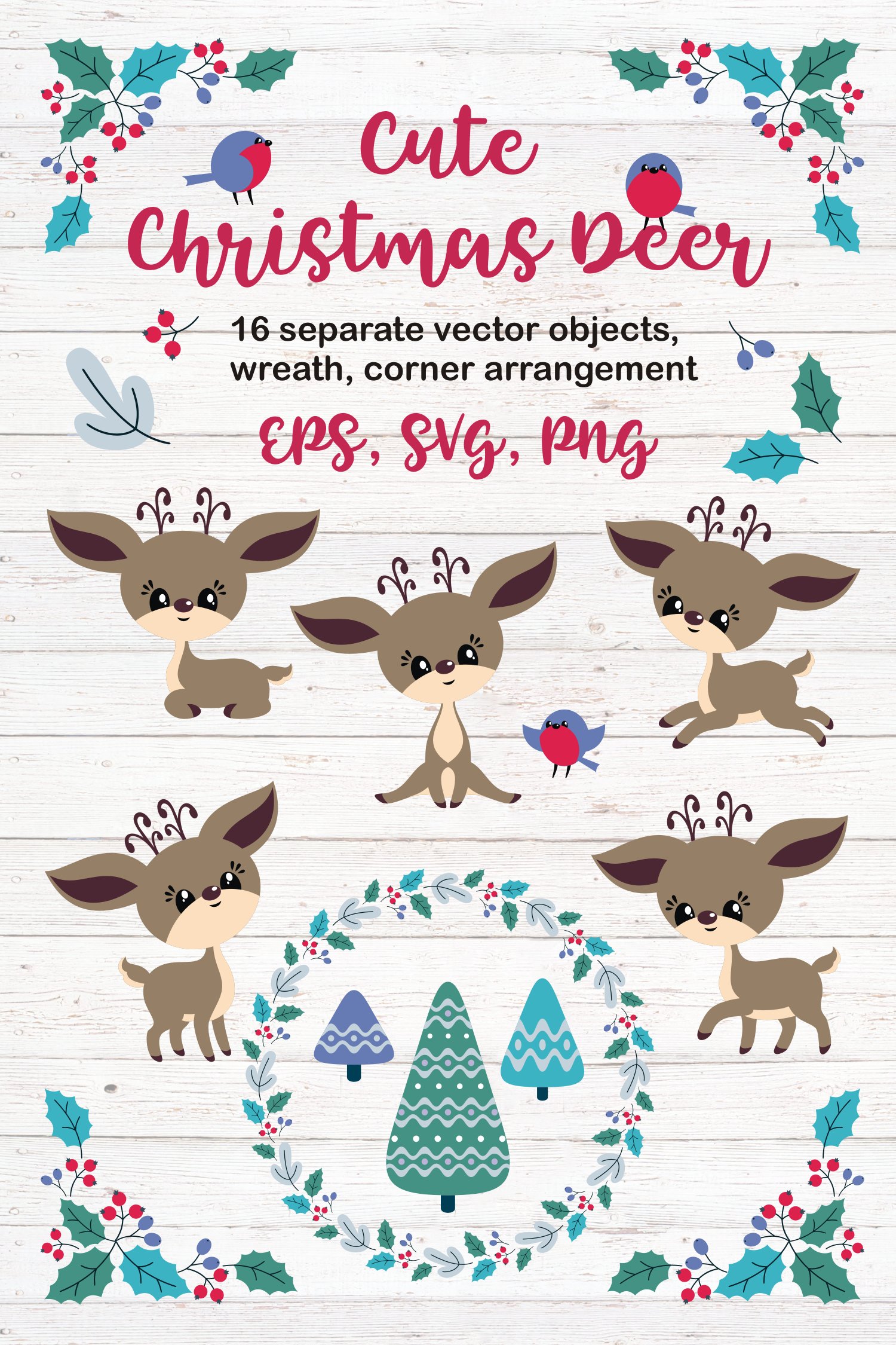 Cute Christmas Deer. Vector cliparts.