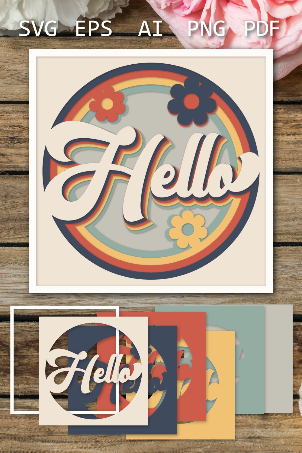 Hello card design, Paper cut Hello greeting card SVG