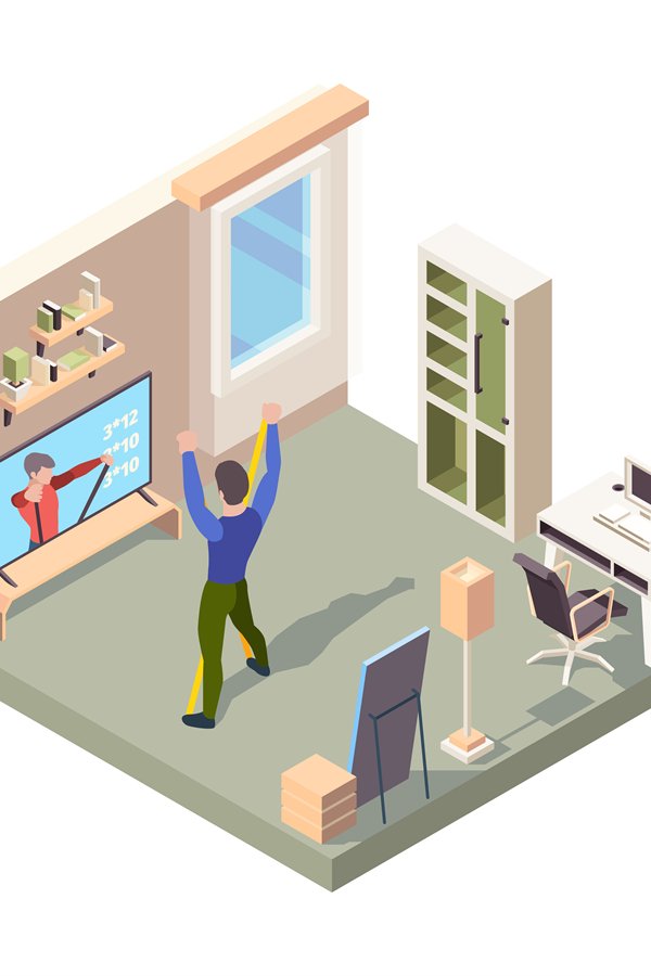 Online fitness. People standing alone at home room in active