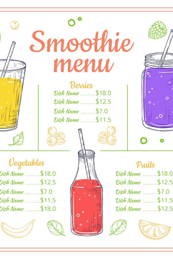 Smoothie menu. Cold drinks, summer shakes and cocktails. Ske
