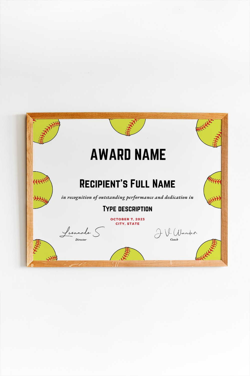 Editable Softball Award Certificate template, printable