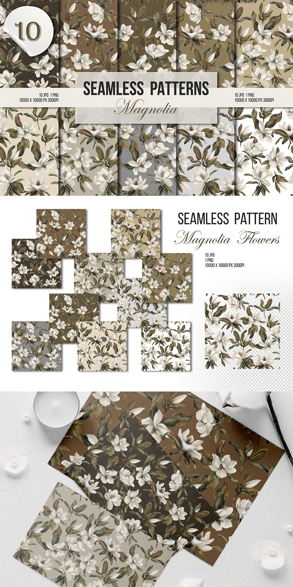 Seamless Magnolia Pattern Collection. Digital retro papers
