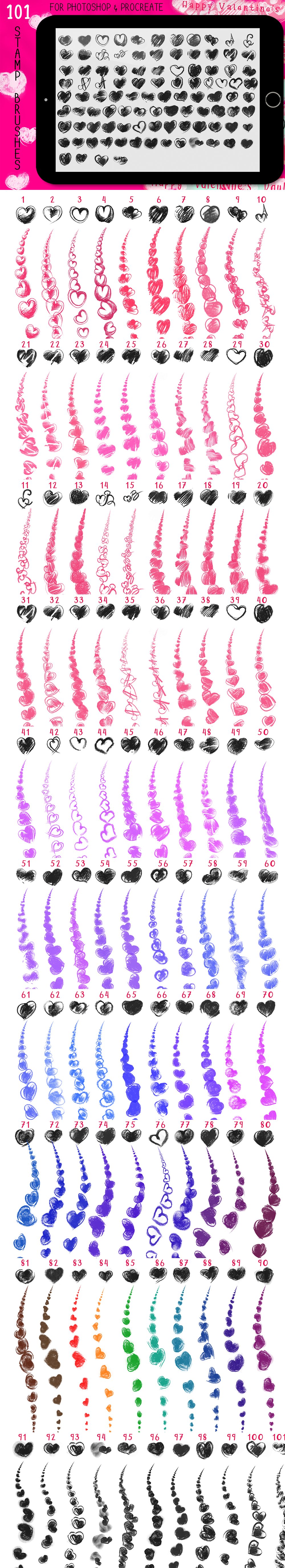 101 Stamp Brushes-Hearts-Shaded spots for Photoshop,Procreat
