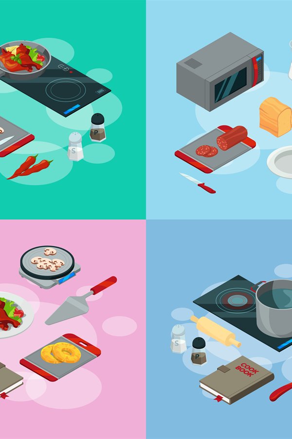 Cooking elements. Vector cooking food isometric illustration