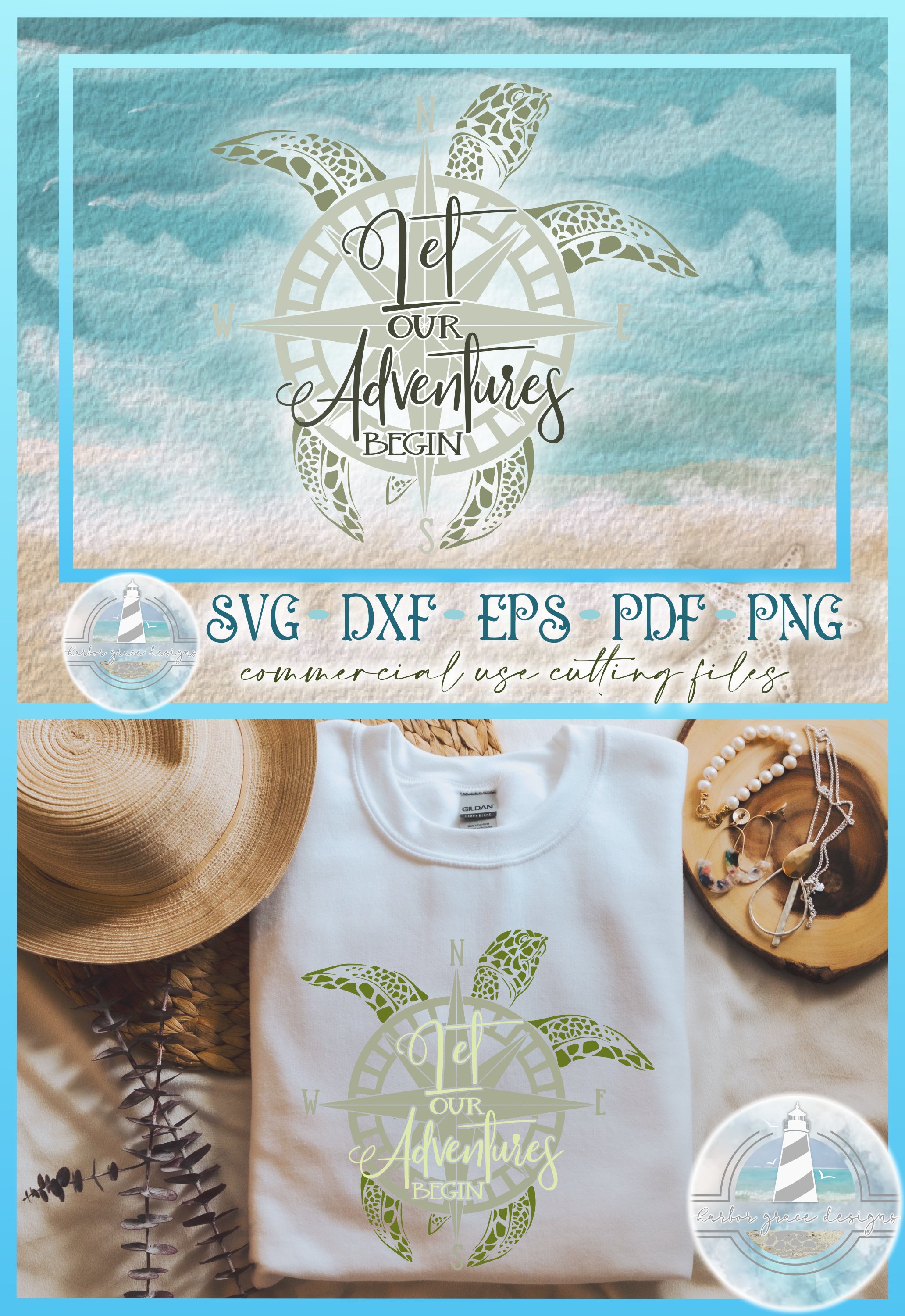 Sea Turtle Compass with Let Our Adventures Begin Quote SVG