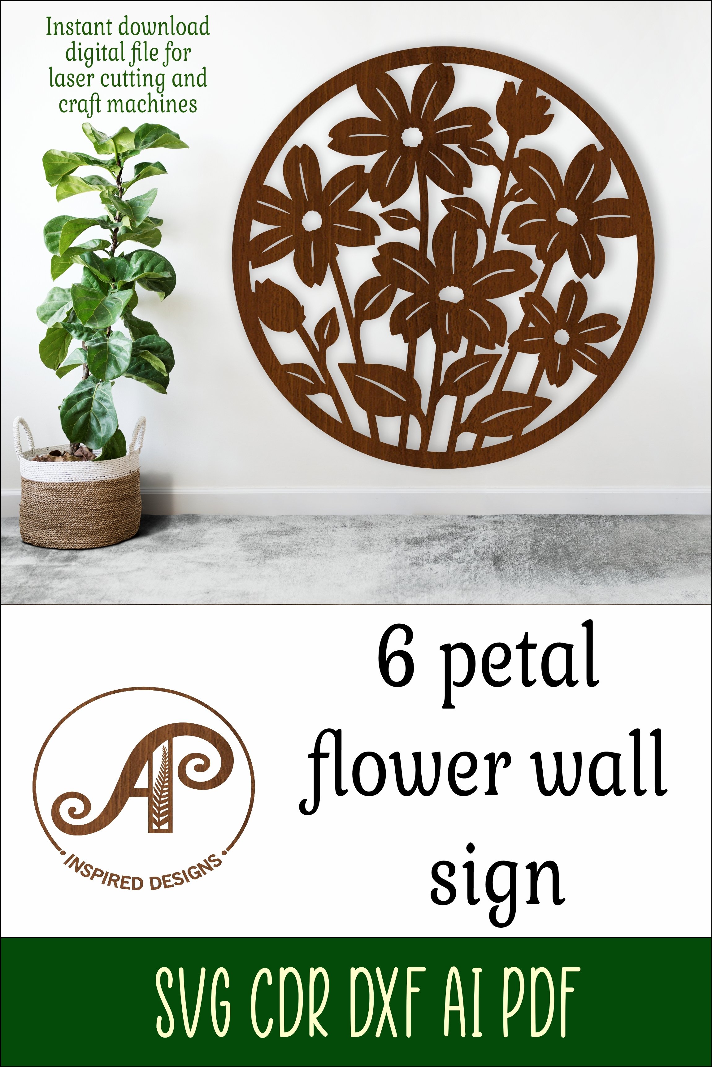 Floral 6 petal flower wall sign, SVG file.