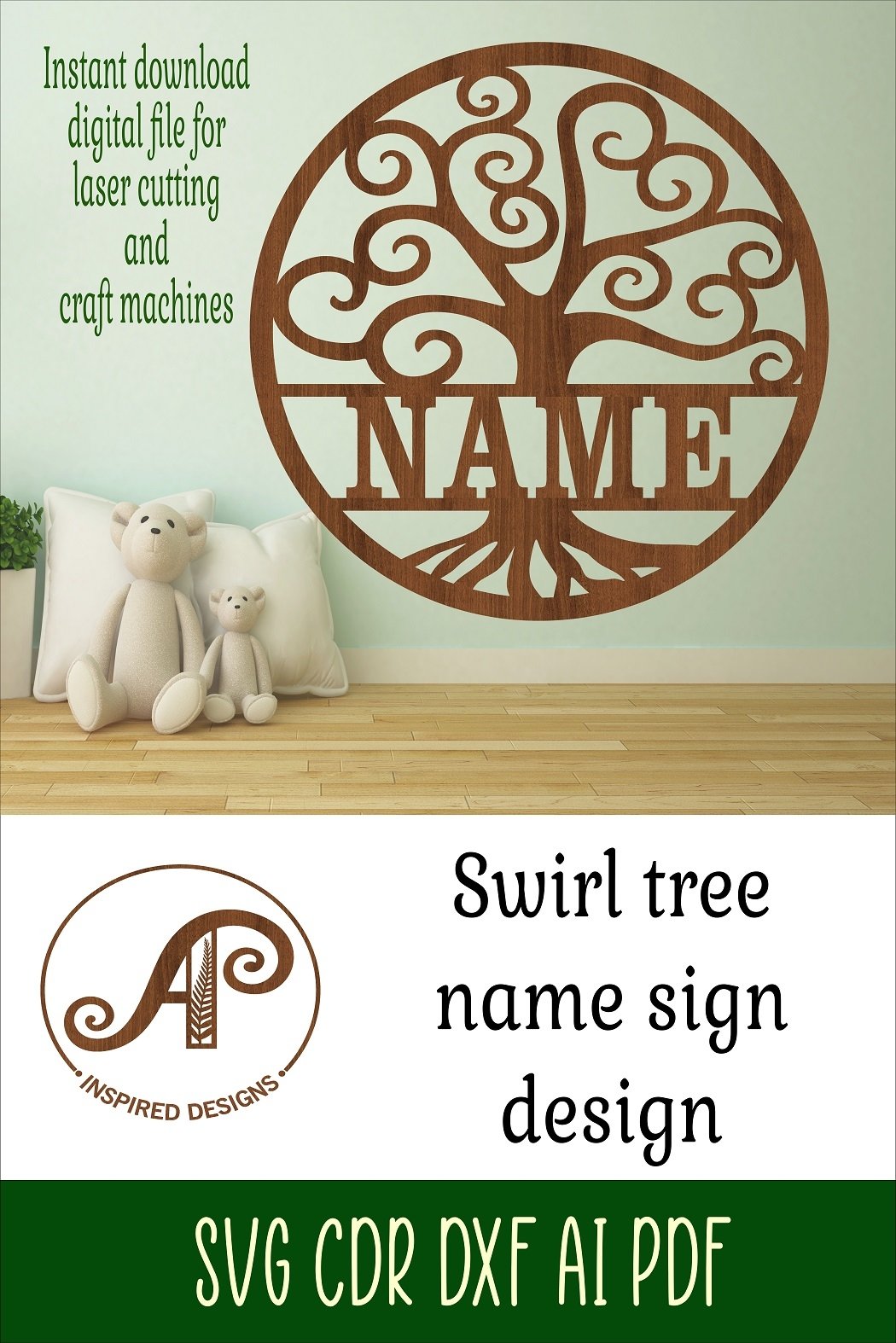 Swirl tree name sign svg laser cut template