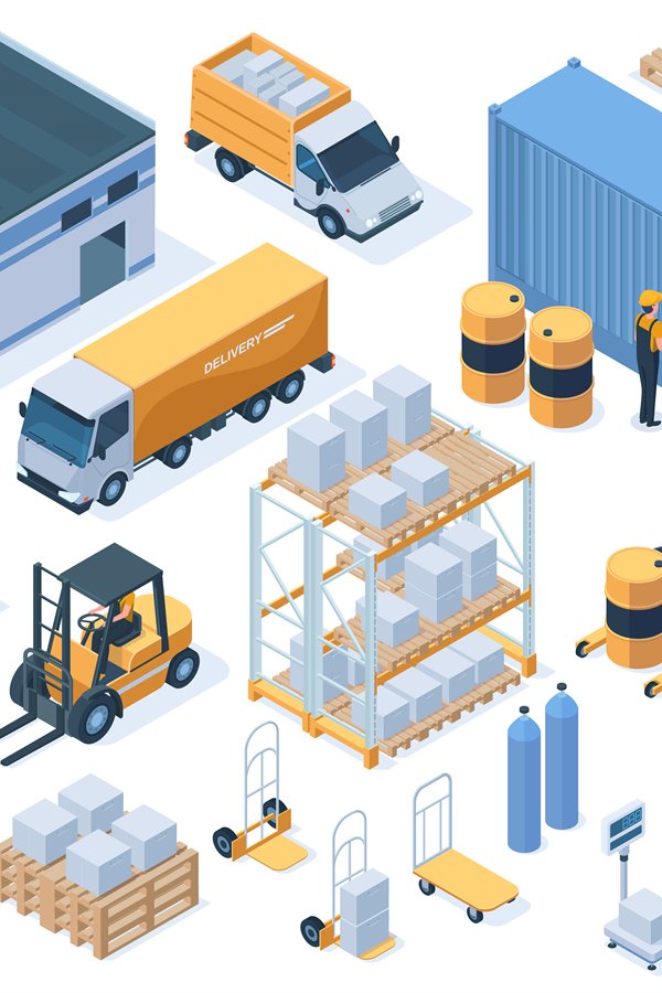 Isometric storage buildings, cargo trucks and warehouse work