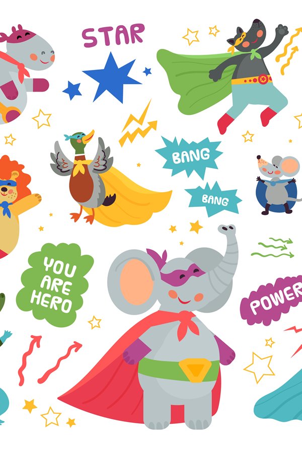 Super animals characters. Cute child heroes, superman mask o