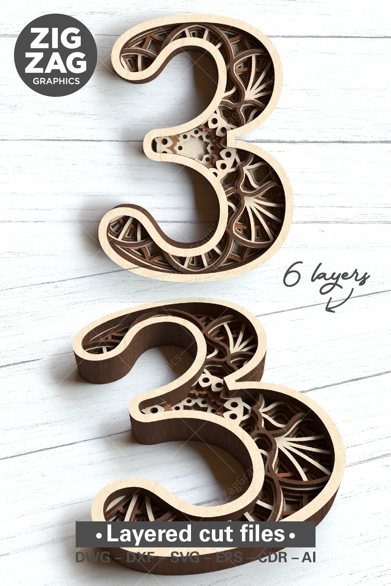 3D Layered mandala Number 3 svg cut file