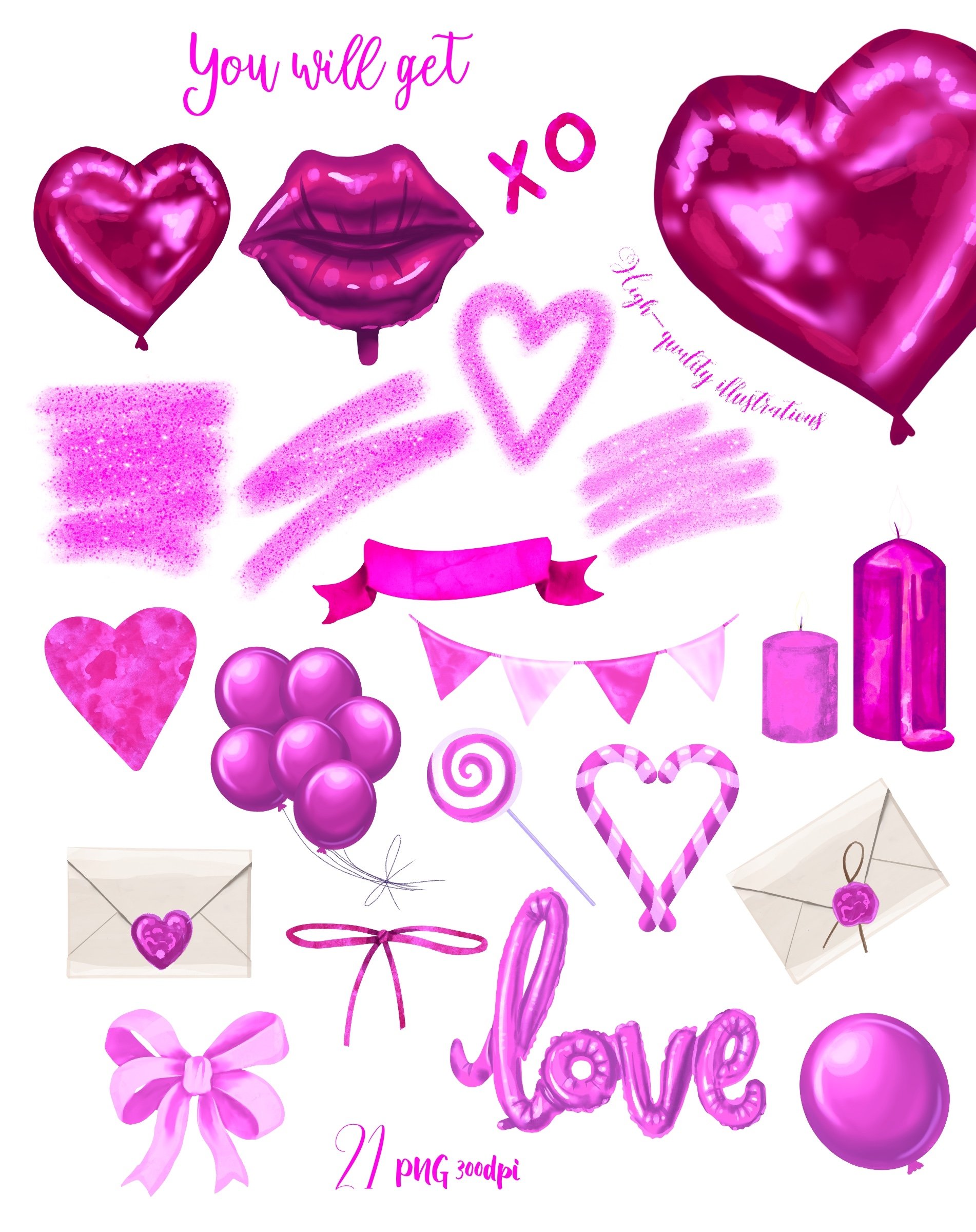 Pink Watercolor Valentines day, Clipart Love, Wedding
