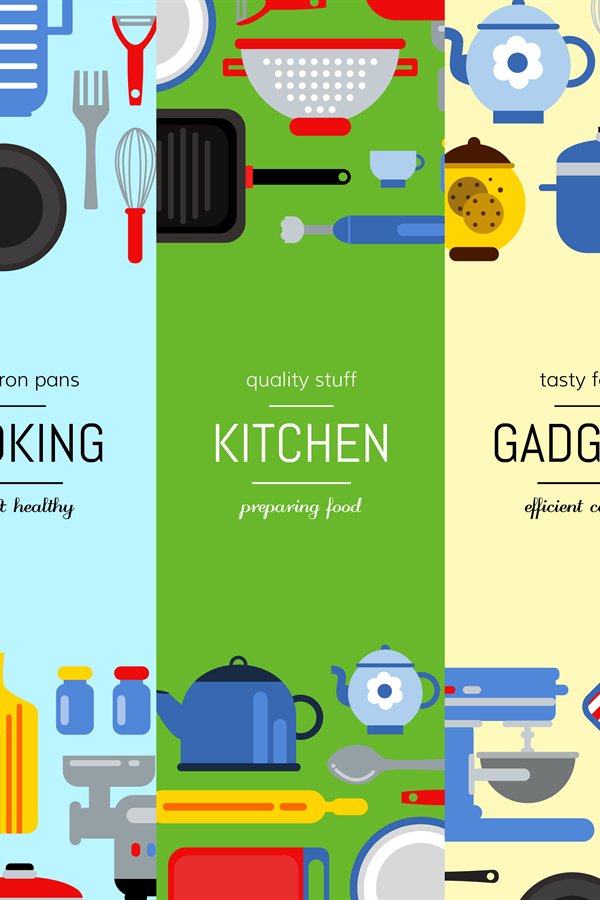 Vector flat style kitchen utensils vertical web banners illu