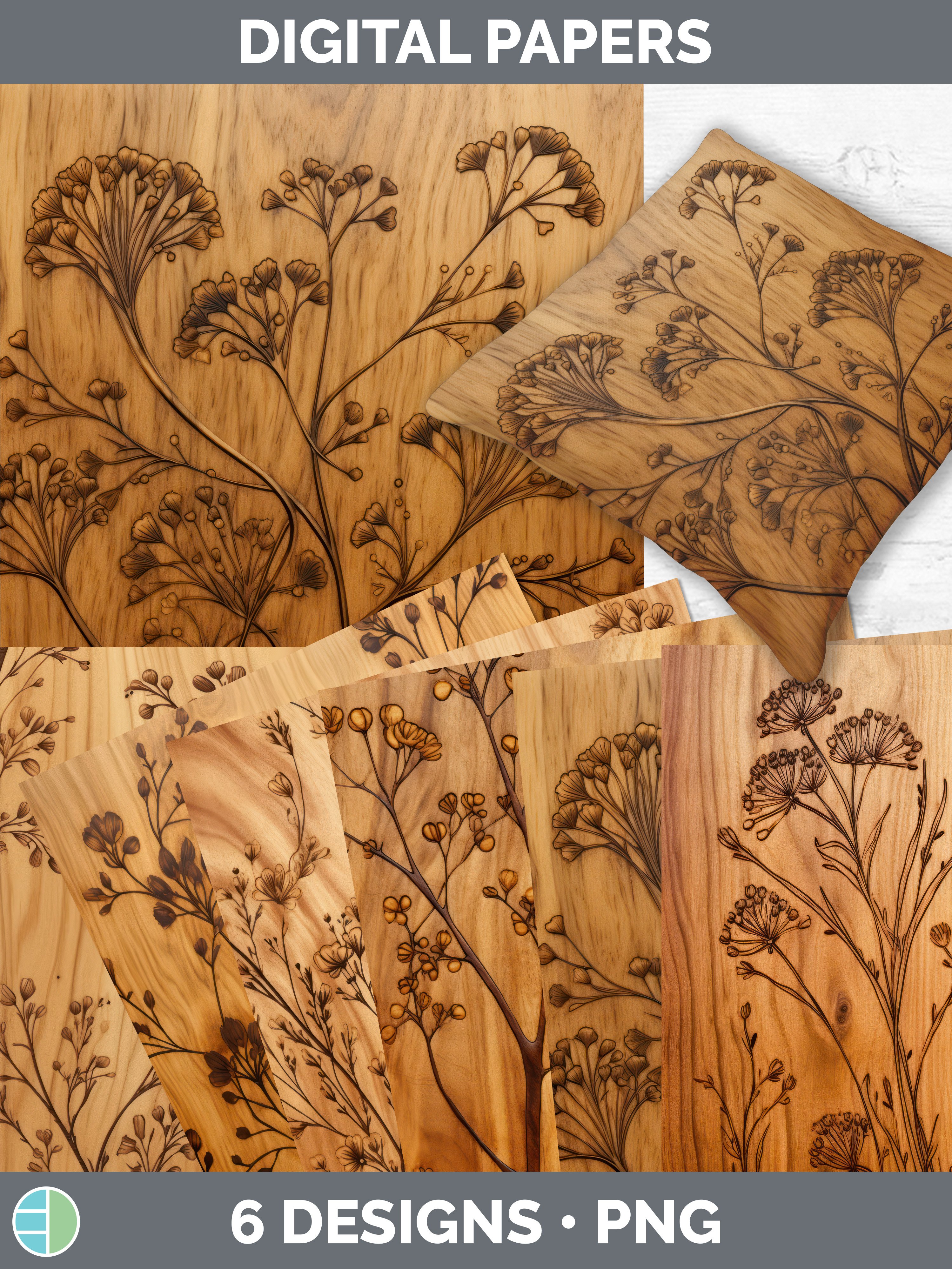 Wood Burned Acacia Flowers Paper Backgrounds | Digital Scrap