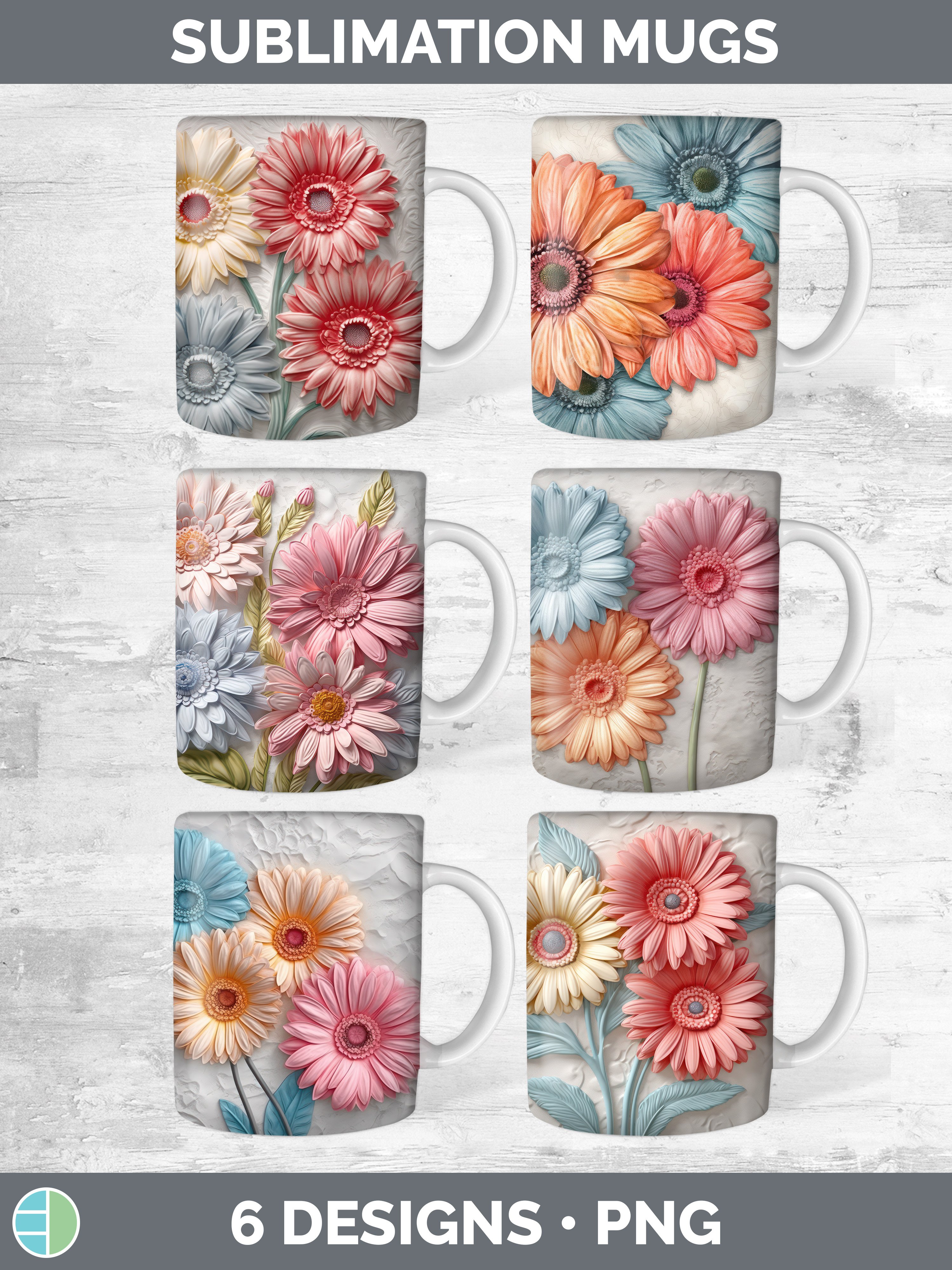 3D Gerbera Daisy Flowers Mug Wrap | Sublimation Coffee Cup D