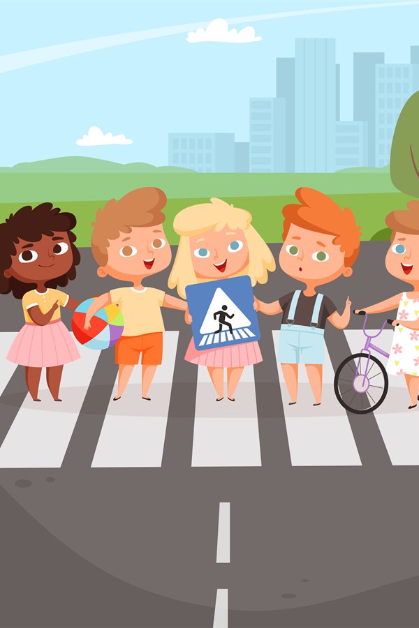 Crossroad rulles. Children learning safety road traffic ligh