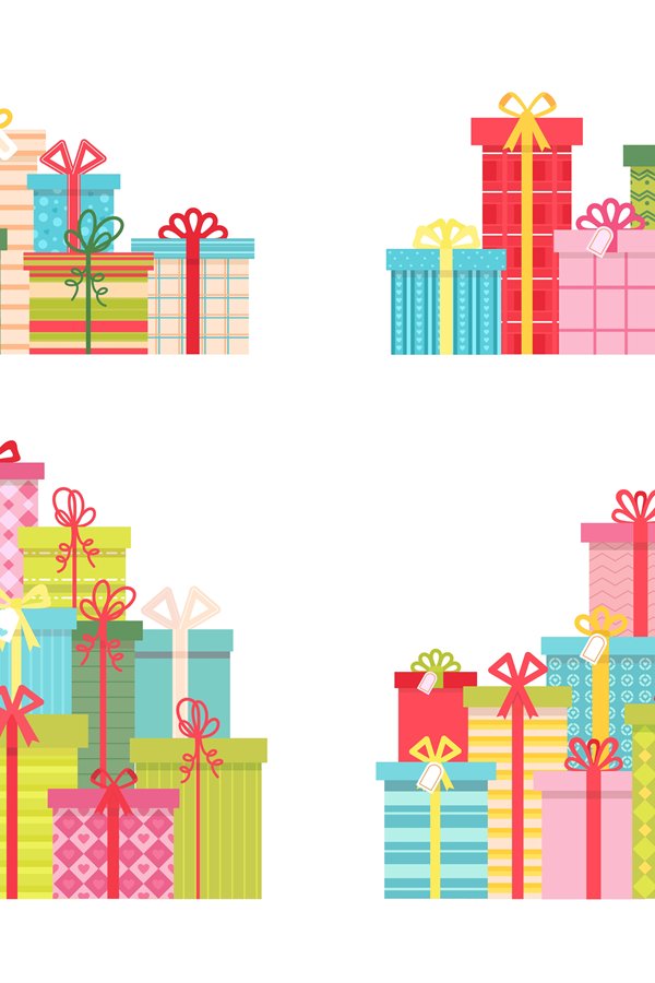 Cartoon pile of christmas and birthday presents in gift boxe