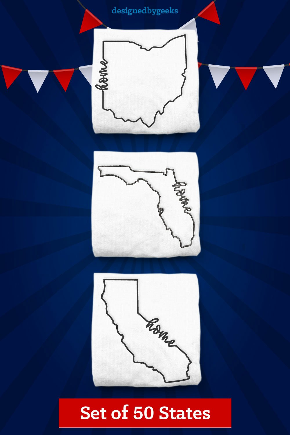 50 US States Home State Outline Embroidery Design Bundle