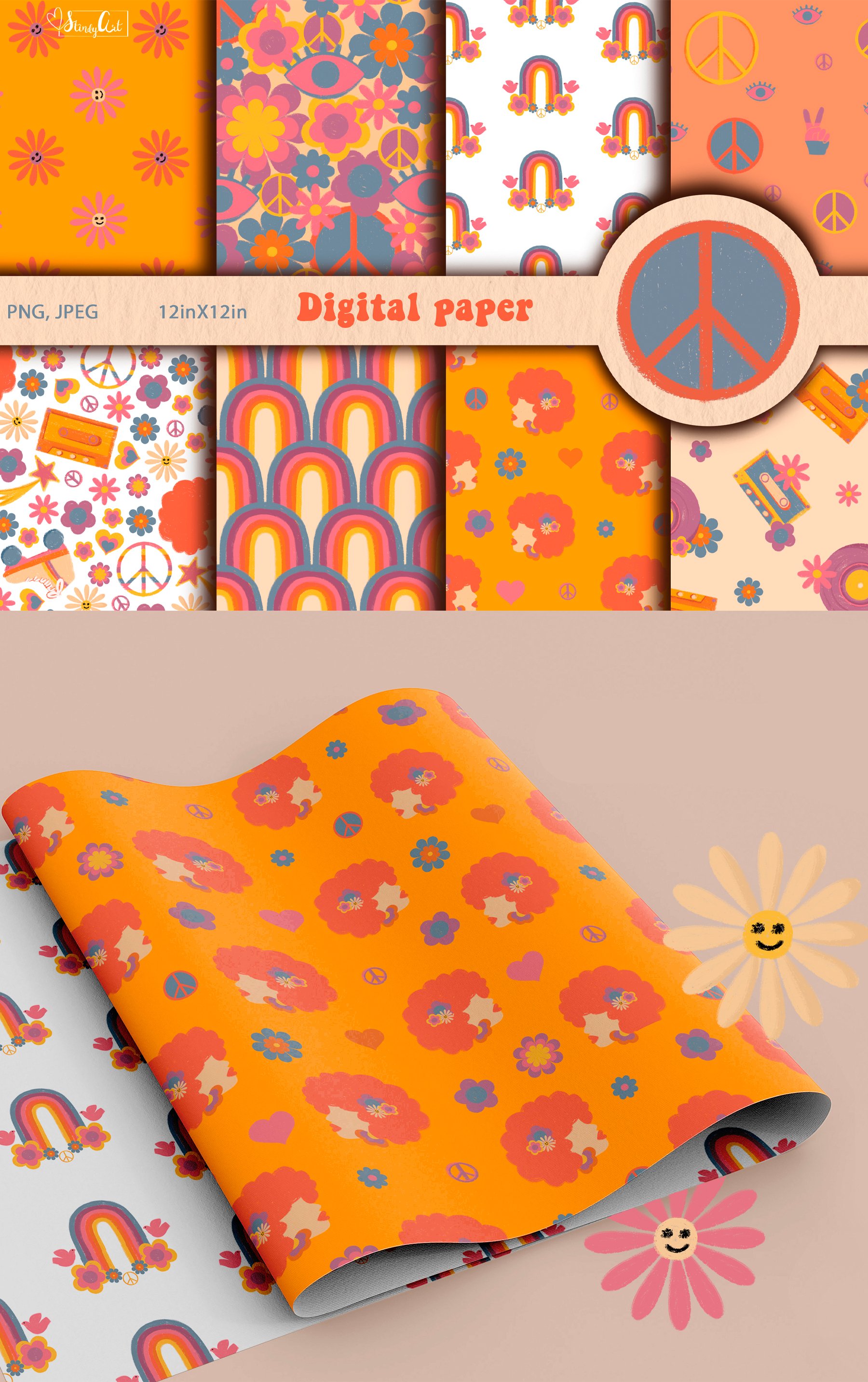 70s retro floral digital paper, groovy seamless (1834138)