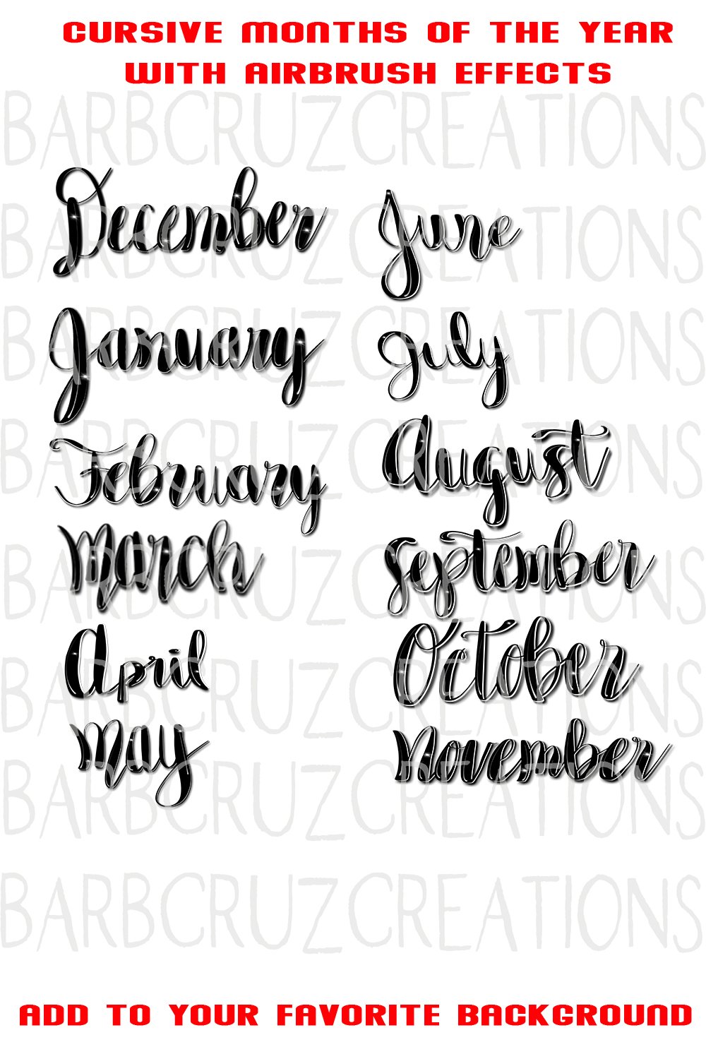 Cursive Font Images Months of the Year Airbrush Effects
