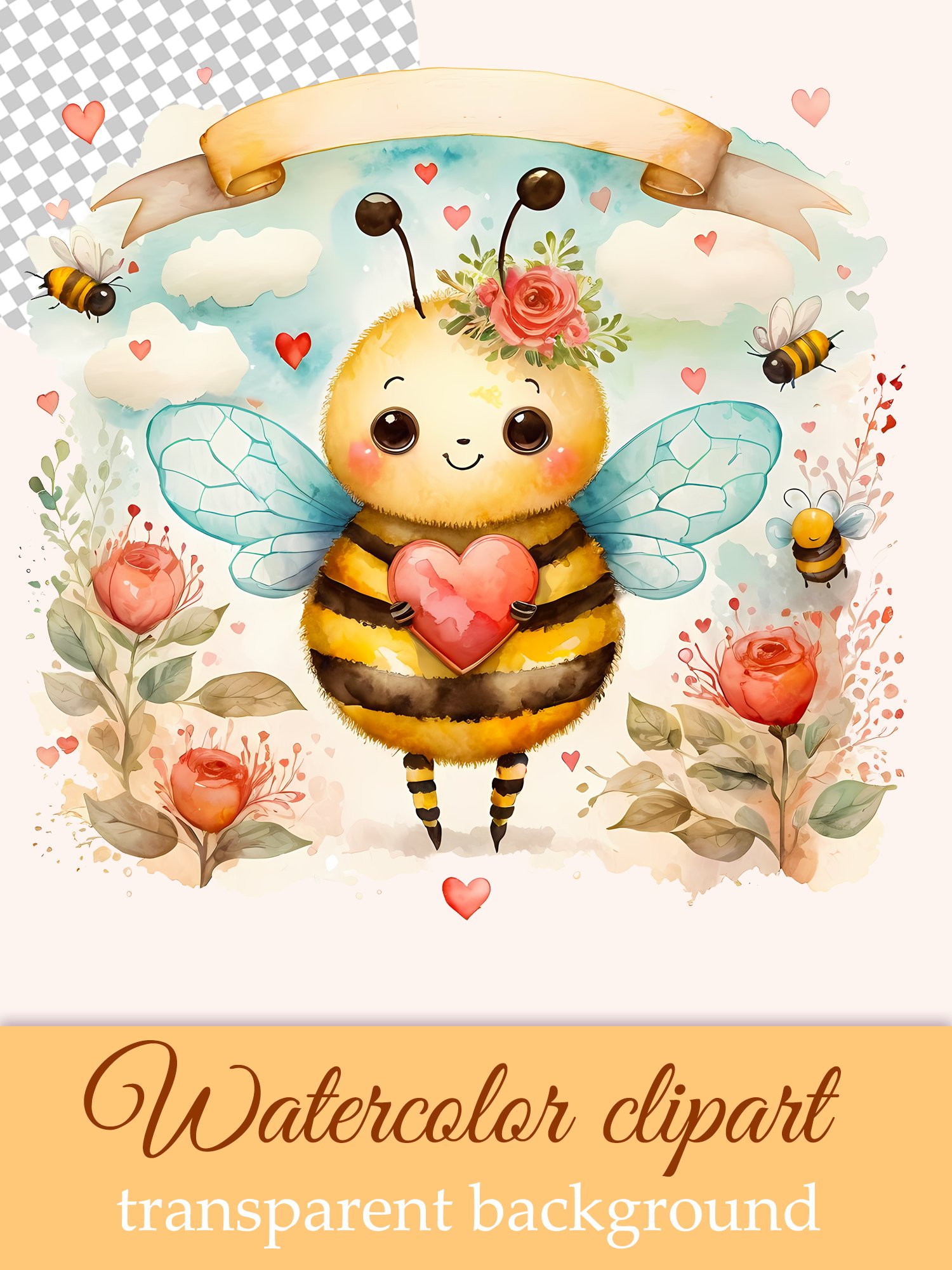 Watercolor Spring Bee Clipart, Bee watercolor painting, PNG,