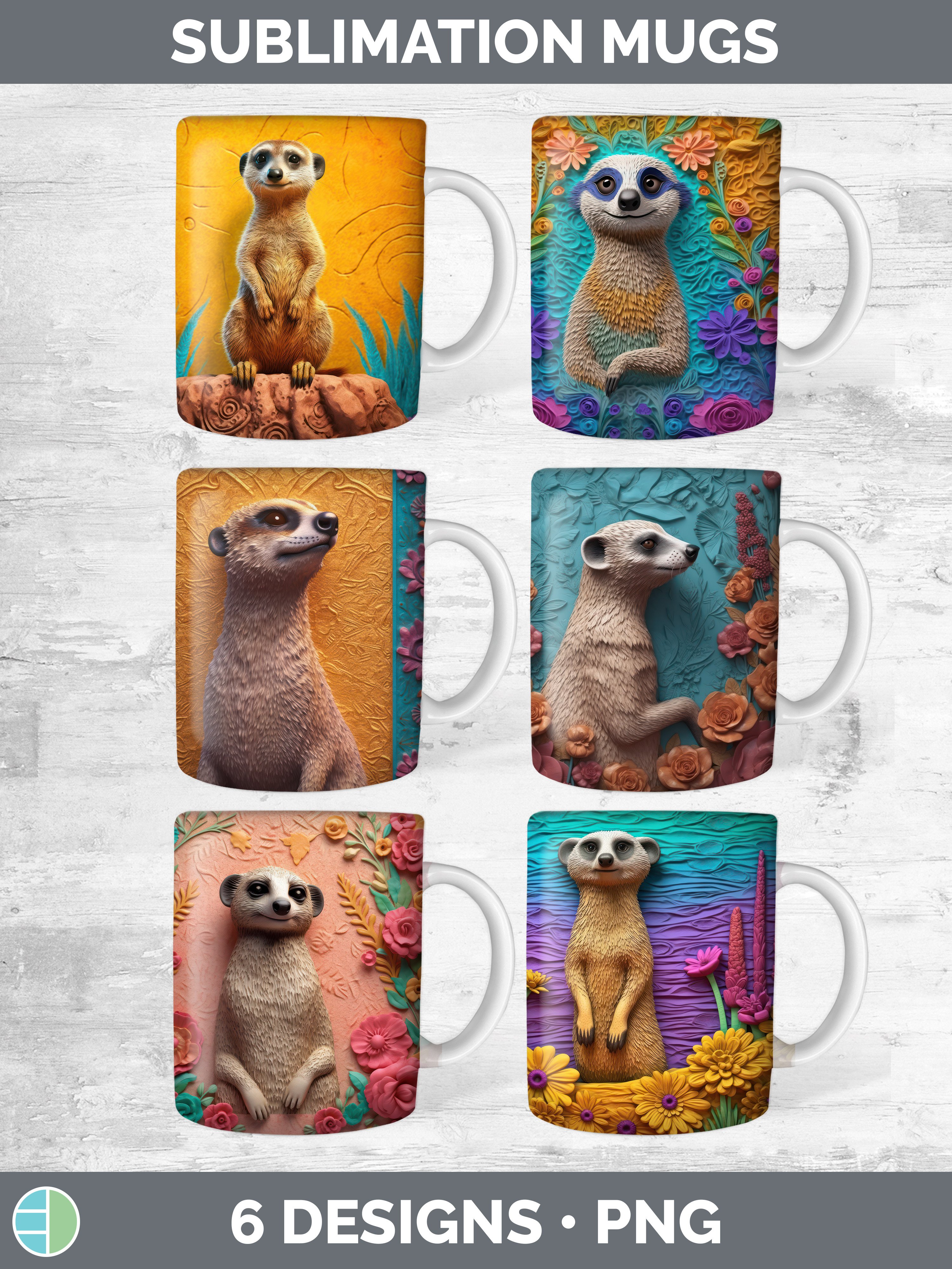 3D Meerkat Mug Wrap | Sublimation Coffee Cup Designs Bundle
