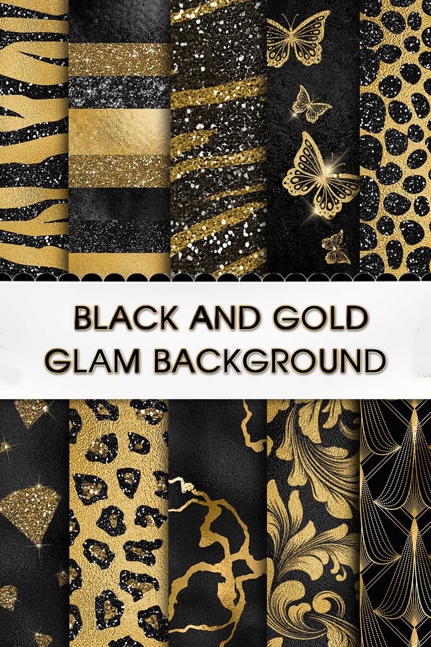 Black and Gold Glitter Digital Paper, butterfly tiger
