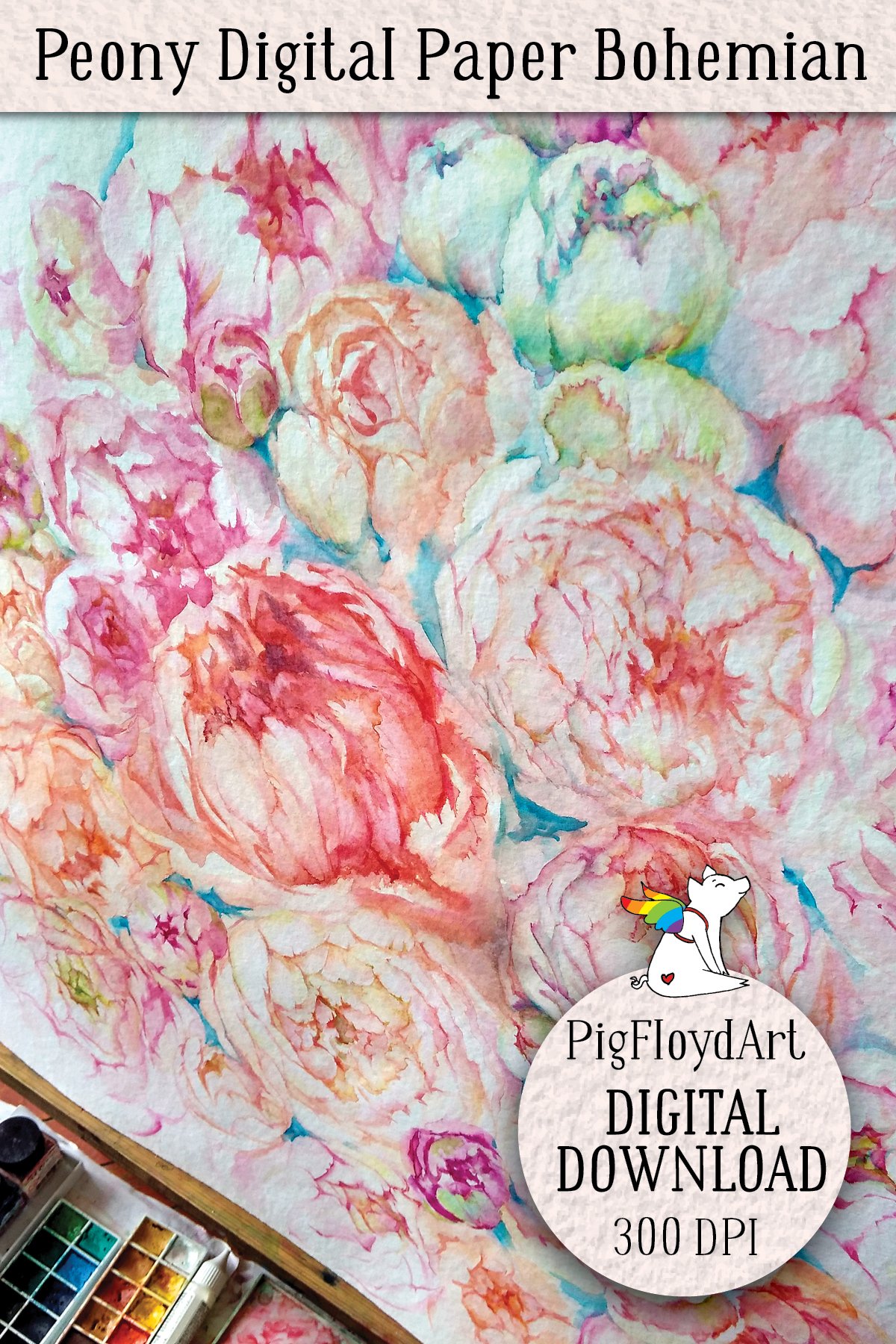 Bohemian Peony Watercolor Digital Paper