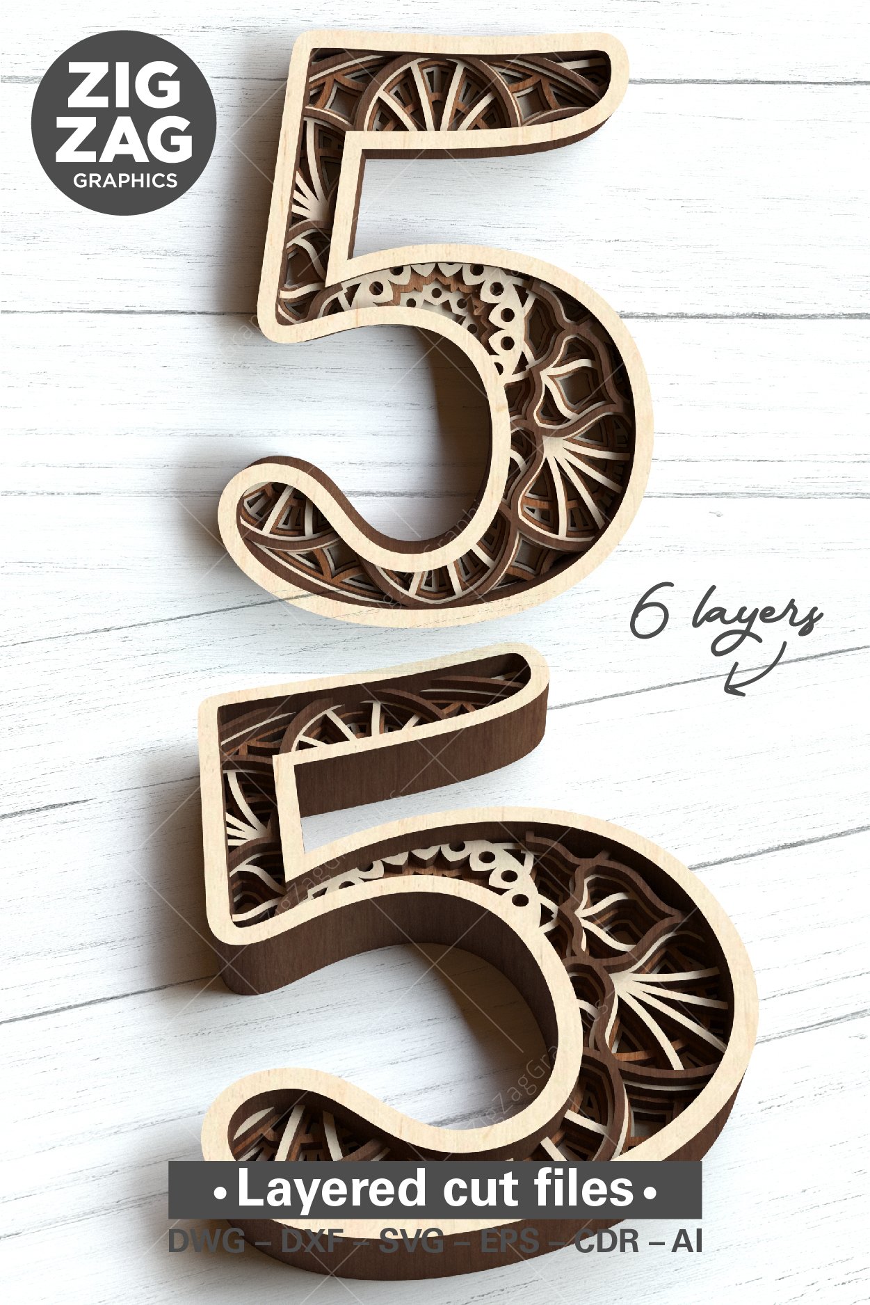 3D Layered mandala Number 5 svg cut file