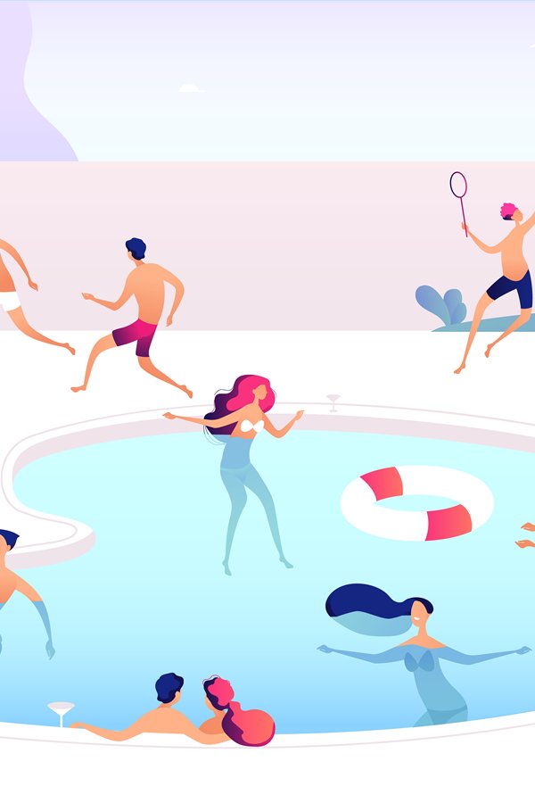 People at swimming pool. Persons swim dive in summer pool re