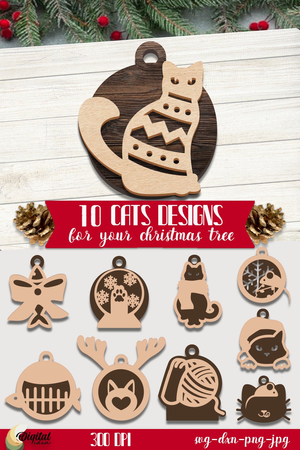 Christmas Cat Ornament svg bundle. Christmas Laser Cut