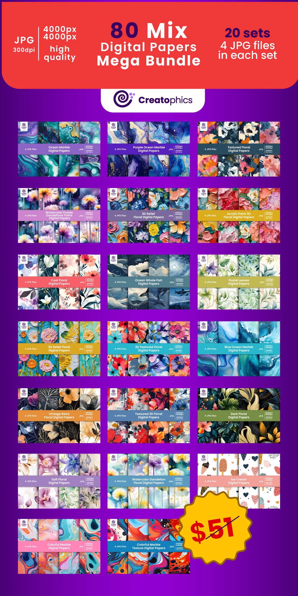 80 mix floral and other digital papers and patterns bundle