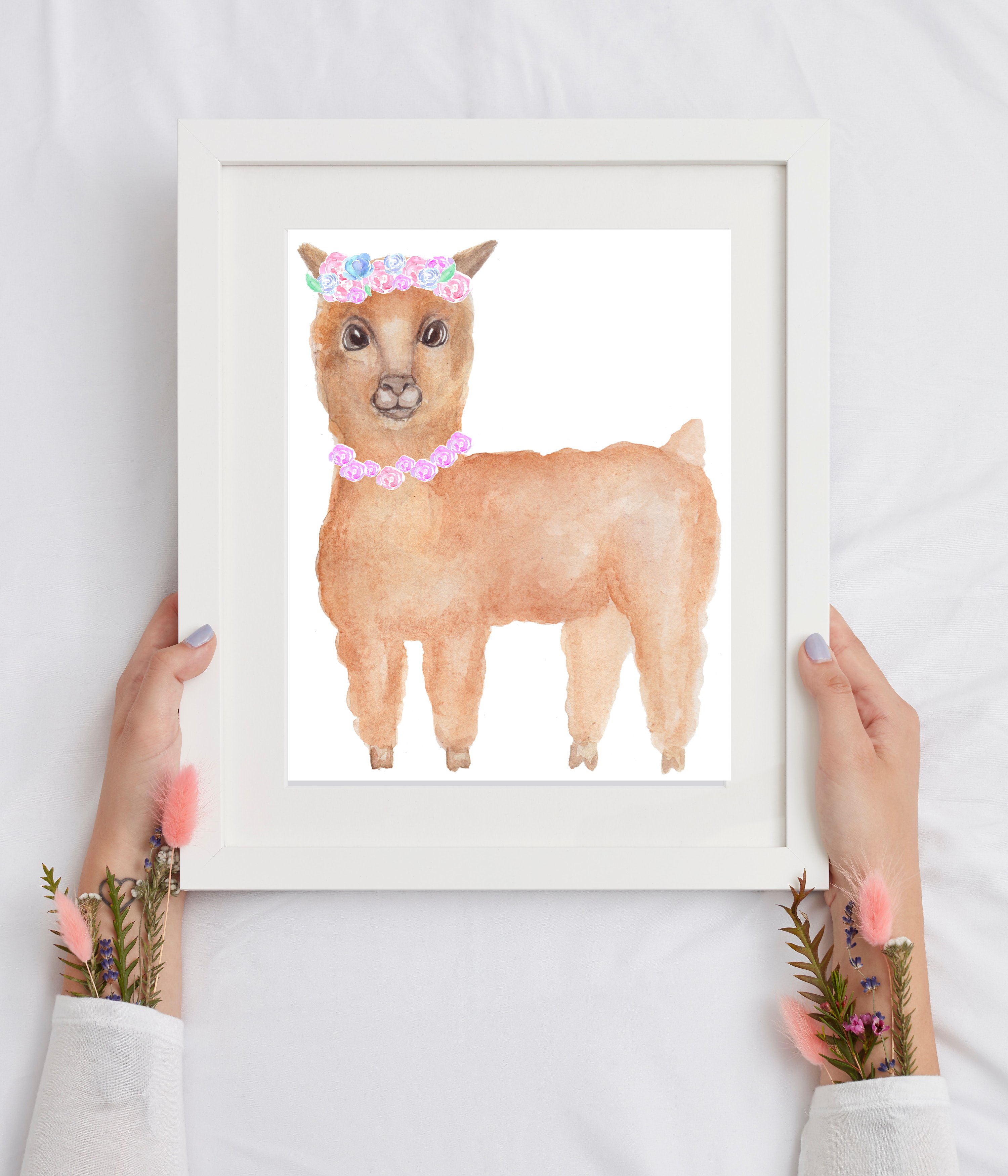 Cute llama alpaca clipart. Watercolor set. Printable design