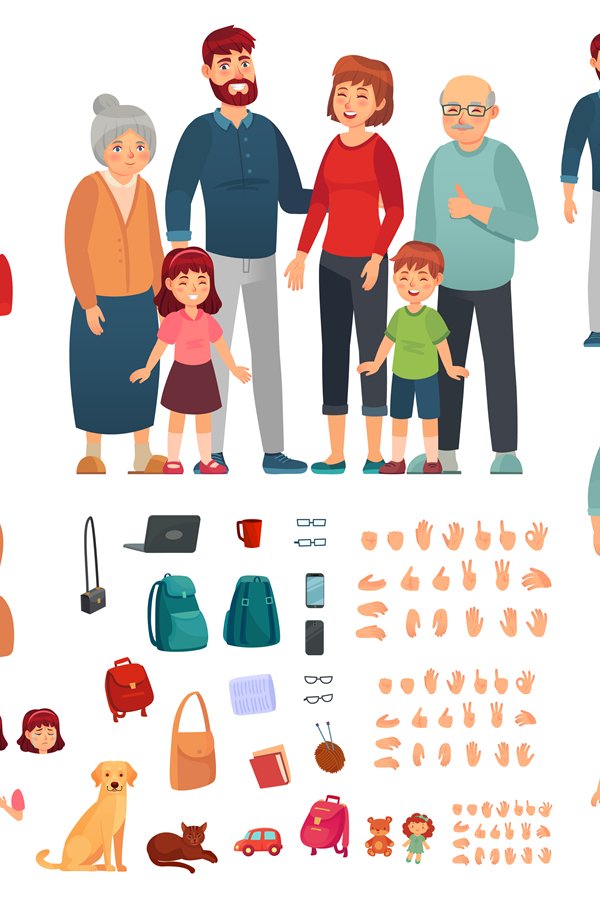 Cartoon family creation kit. Parents, children and grandpare