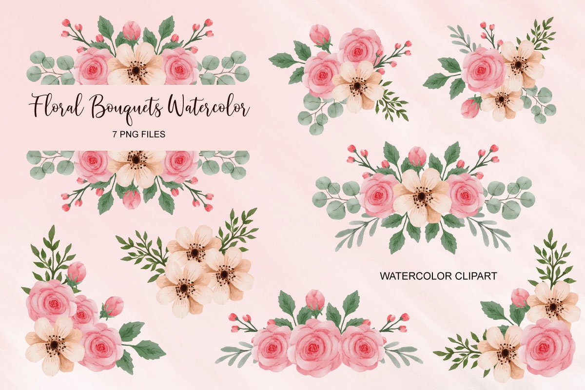 Floral Watercolor Bouquet Clip Art Set (1714926)